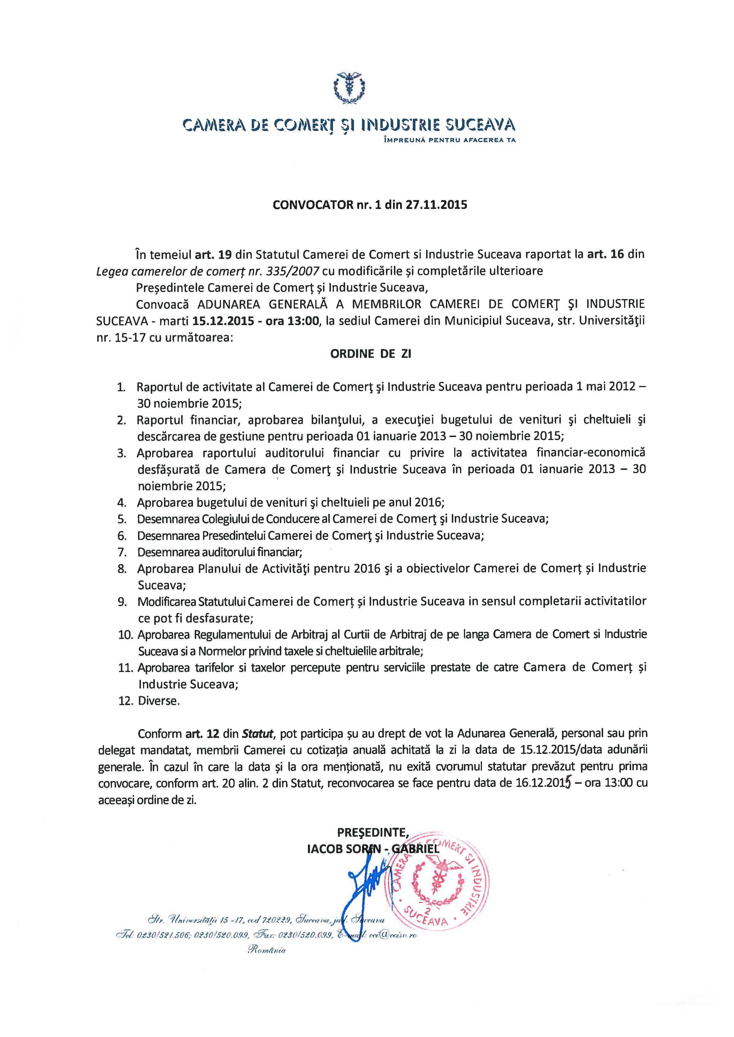 Convocare ADUNAREA GENERALĂ A MEMBRILOR CCI SUCEAVA, 15 decembrie 2015 ...